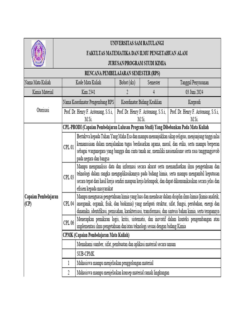 RPS - MK Kimia Material | PDF