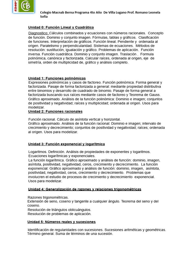 Programa 4to Año 2025 | PDF | Funcion exponencial | Logaritmo