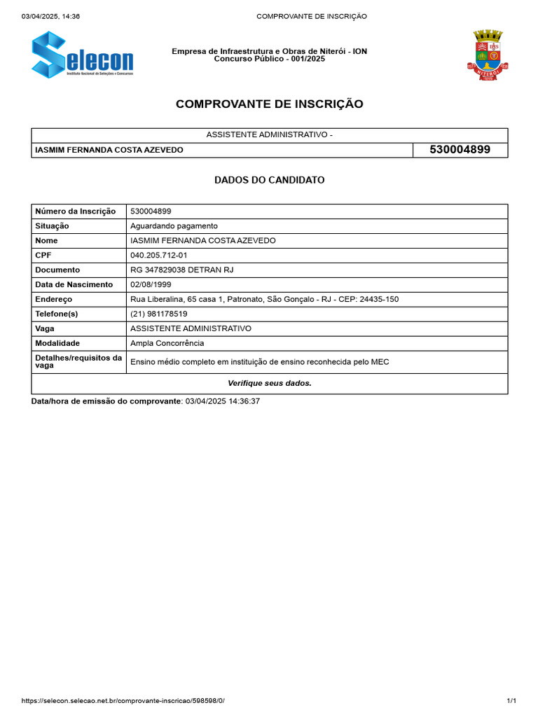 Comprovante de Inscrição | PDF