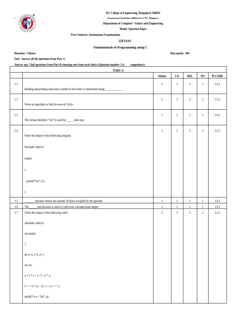 C Programming Fundamentals Exam Paper | PDF | Pointer (Computer ...