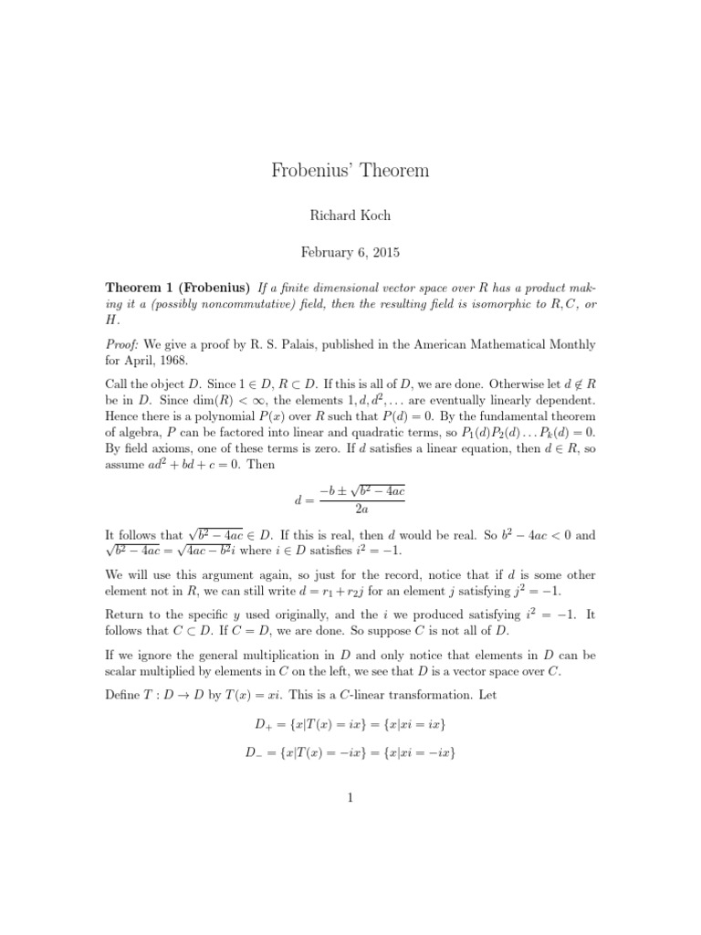 Frobenius' Theorem Explained | PDF | Field (Mathematics) | Mathematics