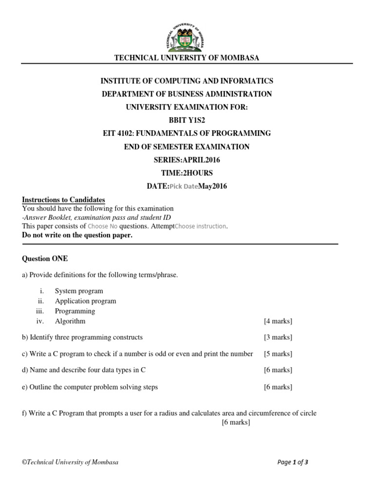 16.eit 4102 Fundamentals of Programming Paper I | PDF | Computer Program | Programming