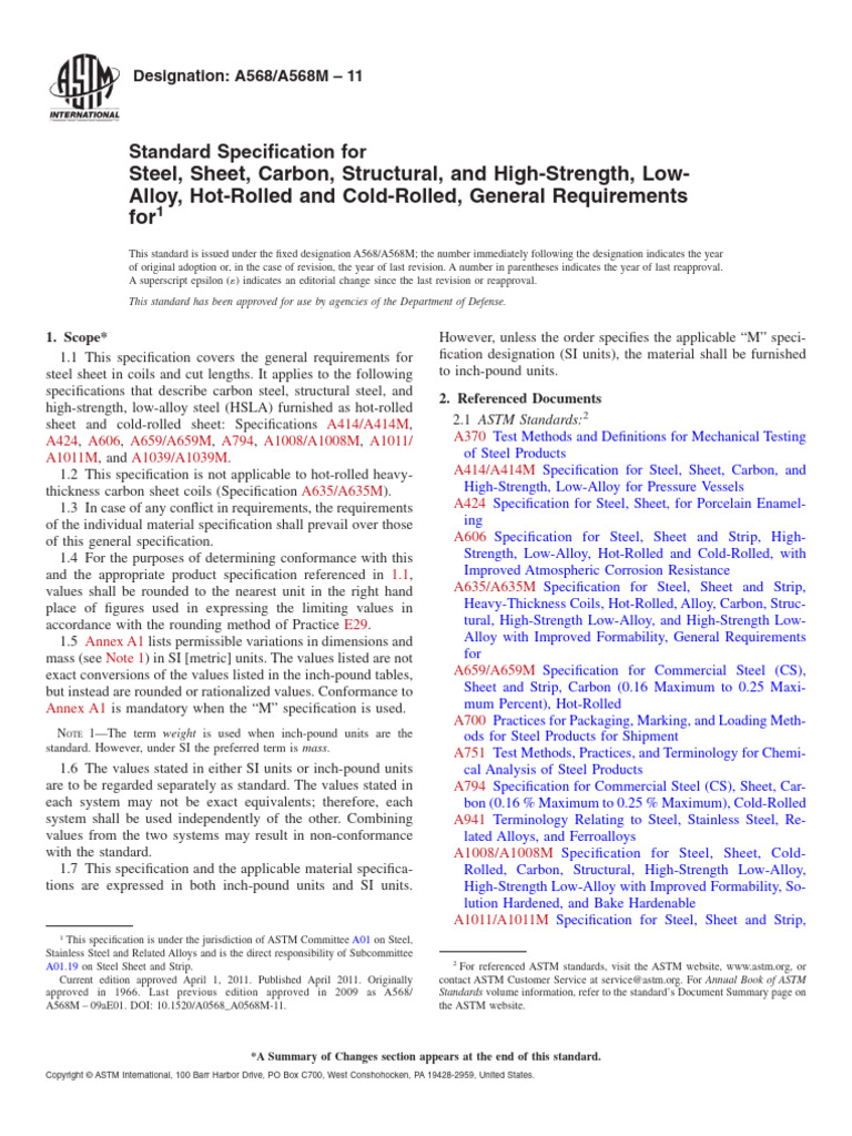 Astma568 A568m 11 | PDF | Rolling (Metalworking) | Sheet Metal