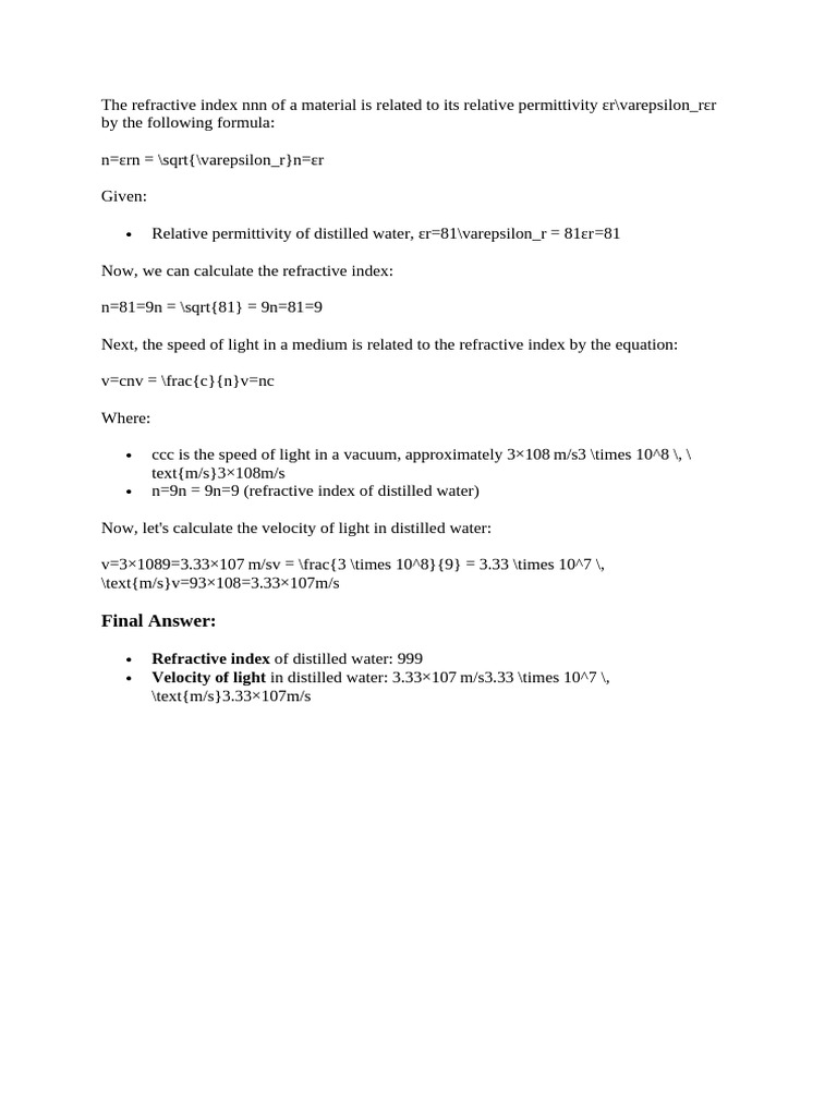 Refractive Index & Light Speed in Water | PDF