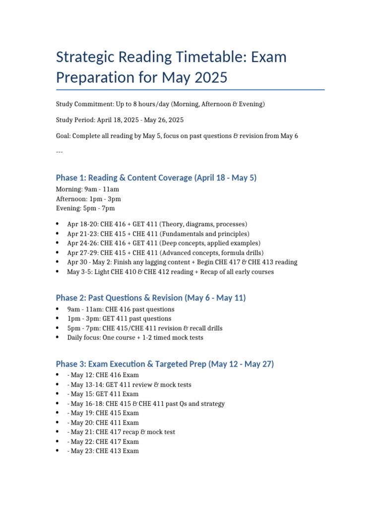 Strategic Reading Timetable Exam Prep | PDF