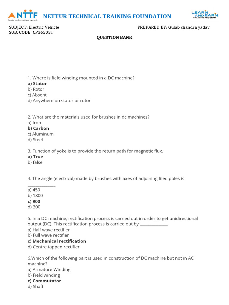 Electric Vehicle Question Bank | PDF | Electric Vehicle | Electric Motor