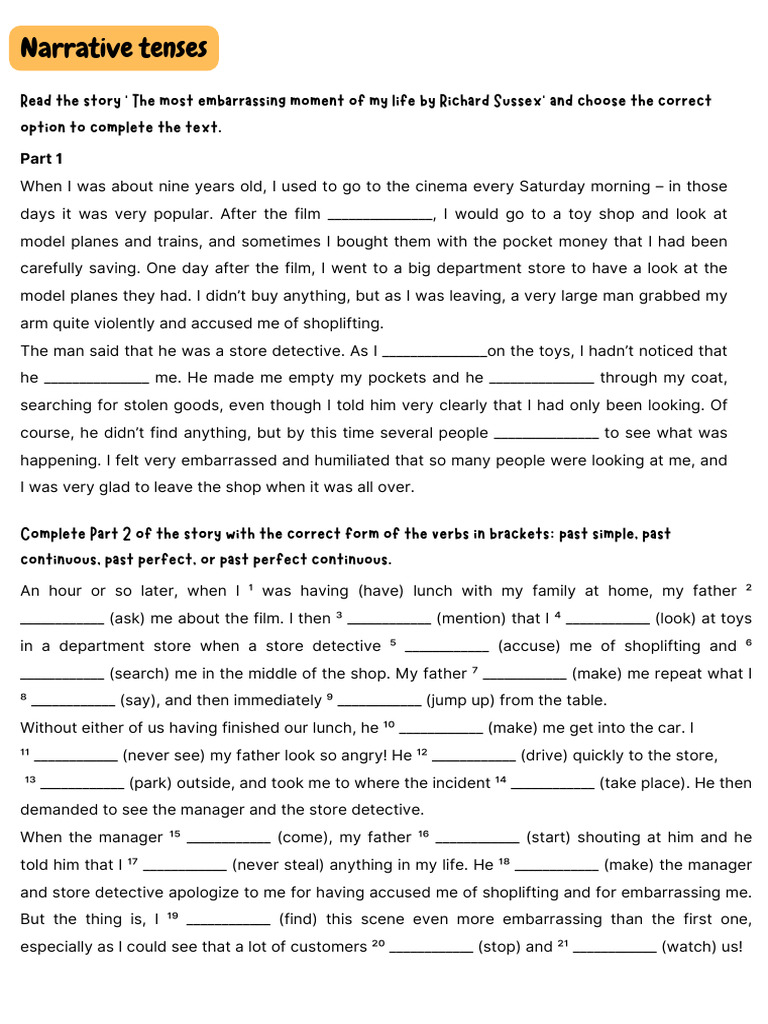 Narrative Tenses Activities | PDF | Grammar | Linguistics