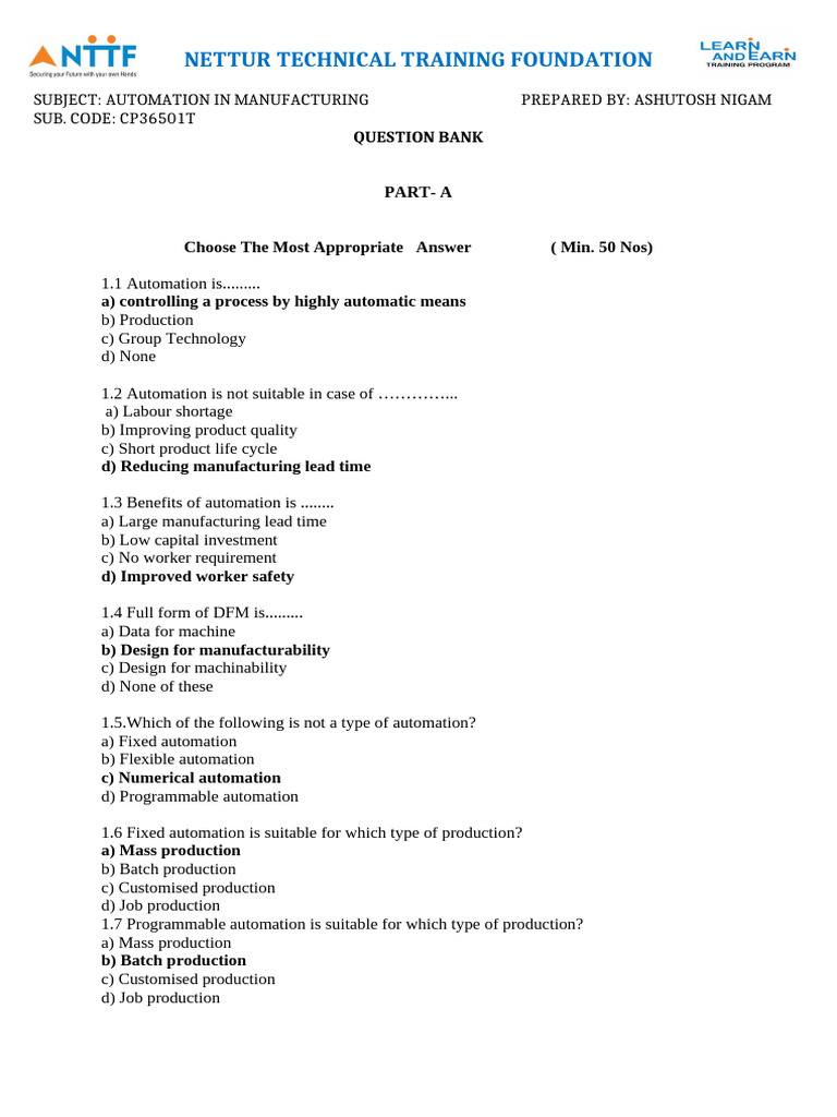 Automation in Manufacturing QB With Answers | PDF | Automation | Crane ...