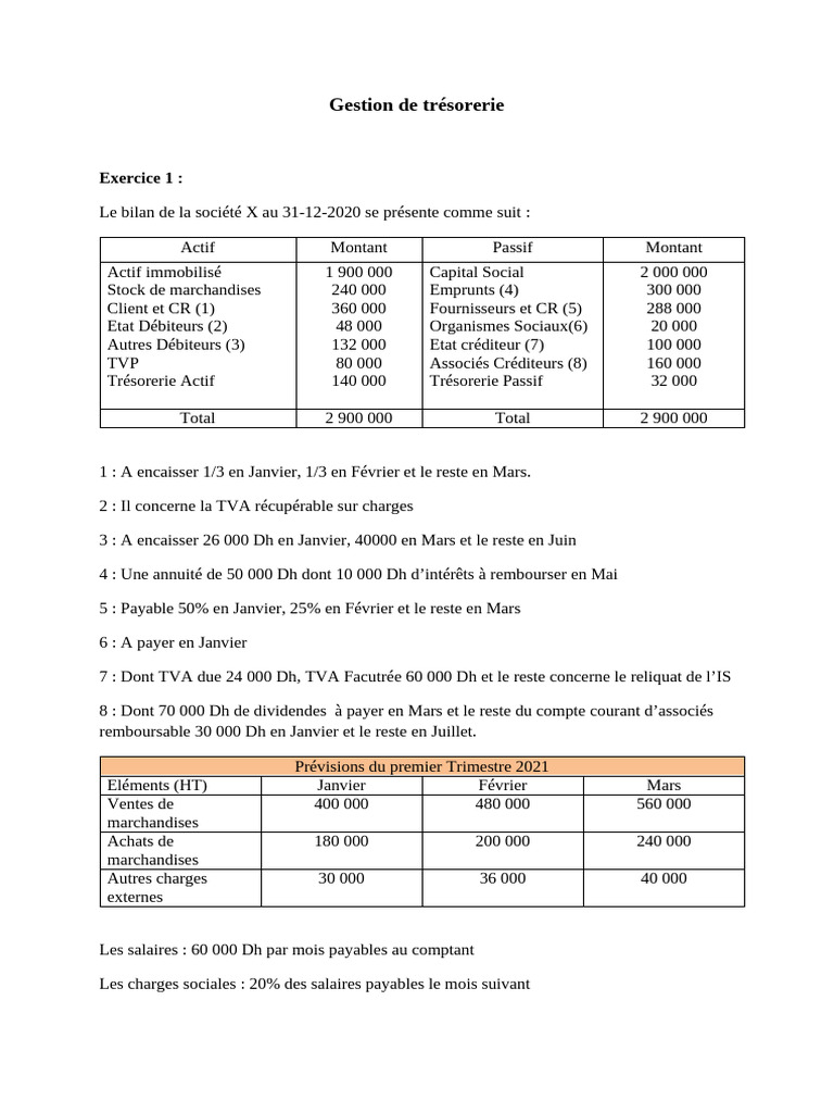 Ex Gestion de Trésorerie | PDF | Prêts | Bilan comptable