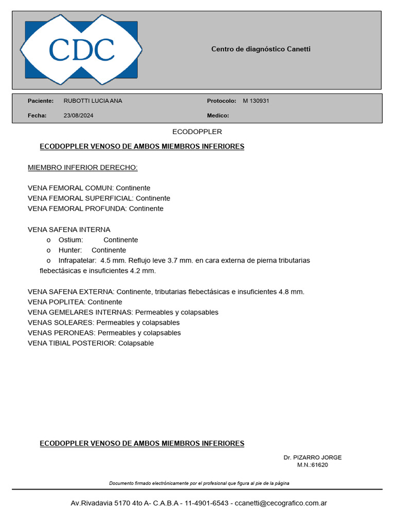 RUBOTTI LUCIA ANA - Informe | PDF | Pierna humana | Vena