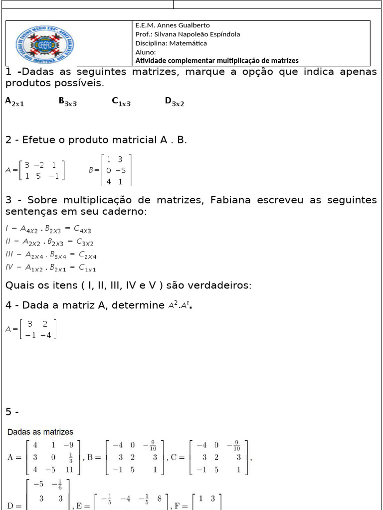 4° Atividade Aula Complementar Multiplicação de Matrizes (Matrizes) 2 ...
