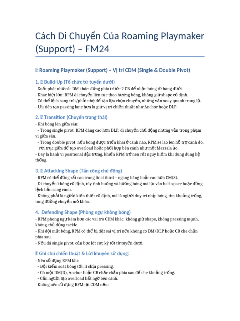 Cach Di Chuyen - Roaming Playmaker (Support) Trong FM24 | PDF