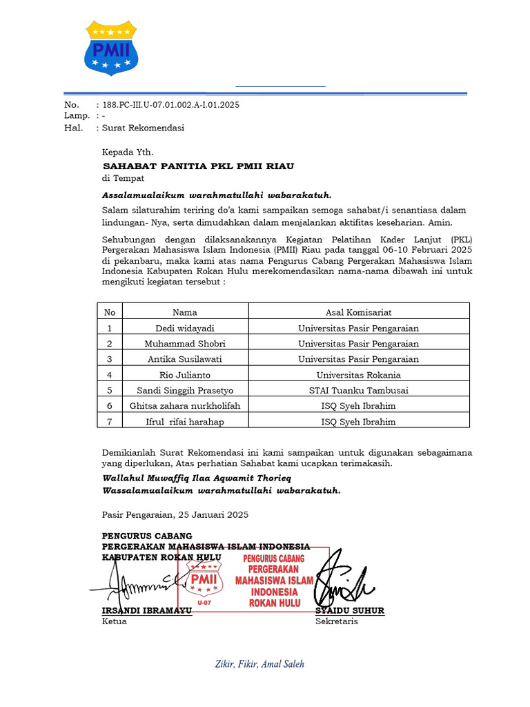Surat Rekomendasi PKL Pmii Riau Cabang Rokan Hulu | PDF