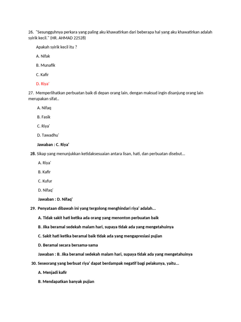 Soal Akidah Vii 26-50 | PDF