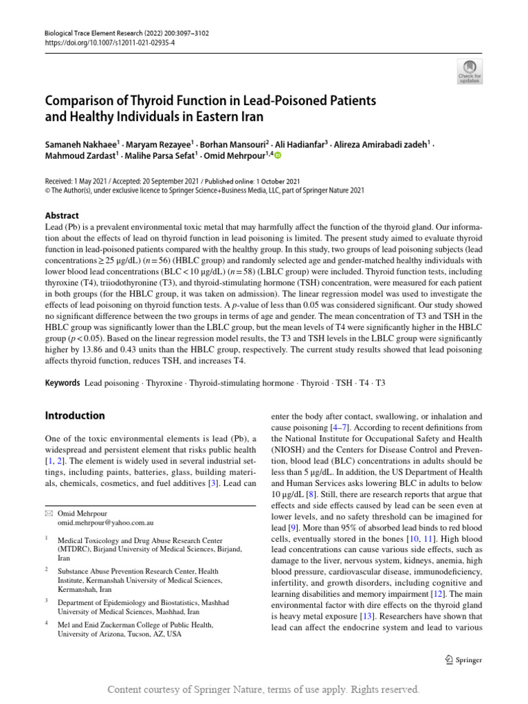 Comparison of Thyroid Function in Lead-Poisoned Pa4 | PDF | Selenium | Thyroid