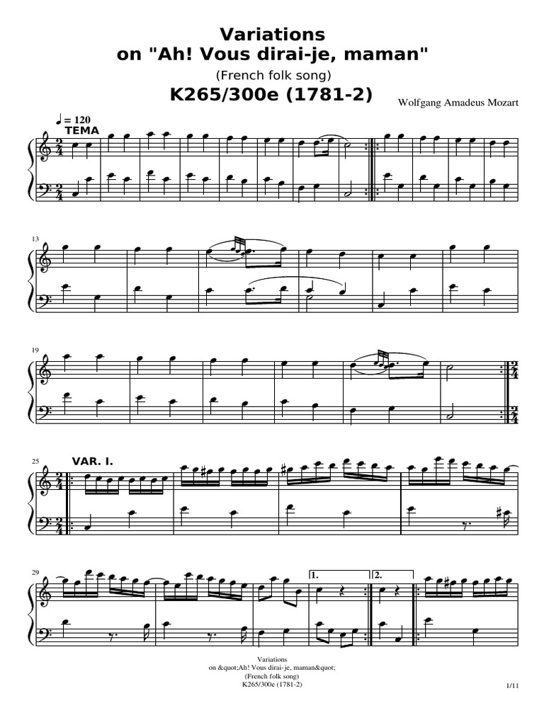 Variations On Ah Vous Dirai-Je Maman K265300e 1781-2 French Folk Song ...