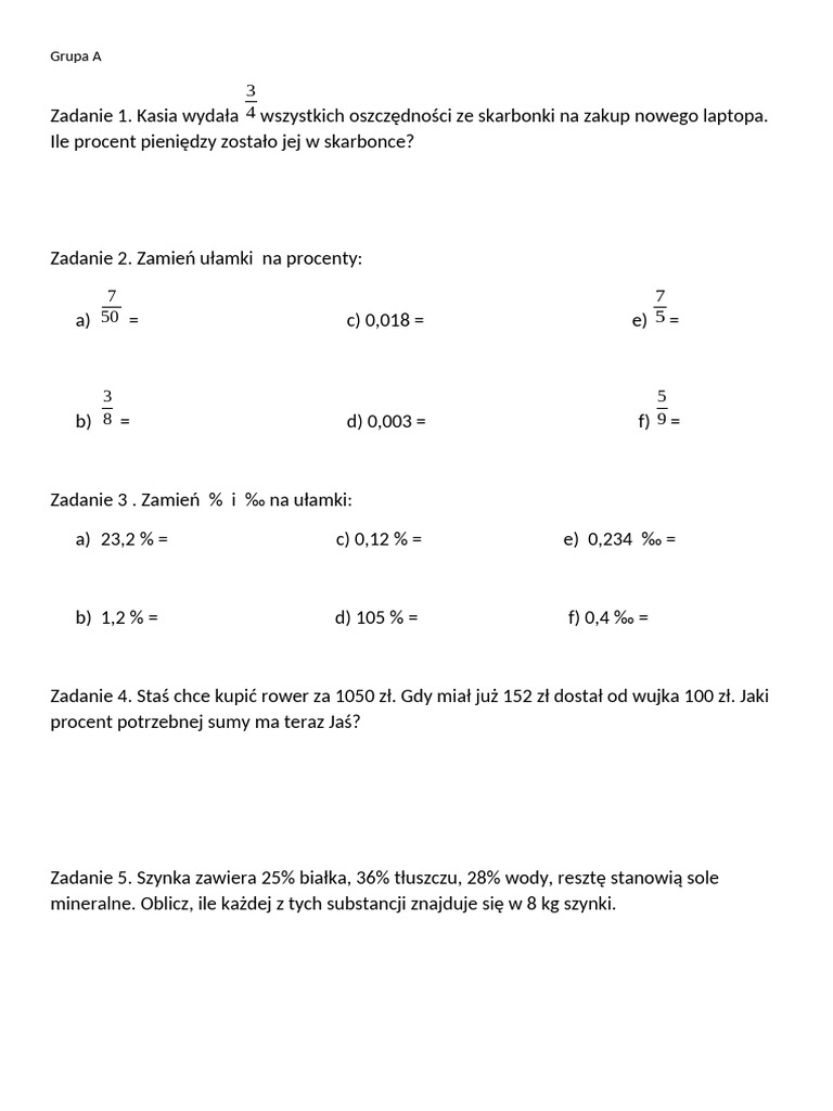 Kartkówka - Procenty Klasa 7 | PDF