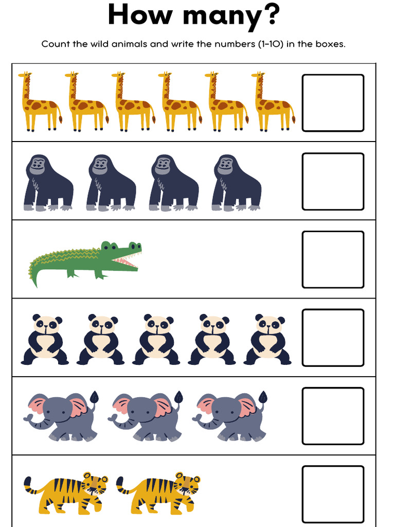 White Colorful How Many Wild Animals Worksheet | PDF