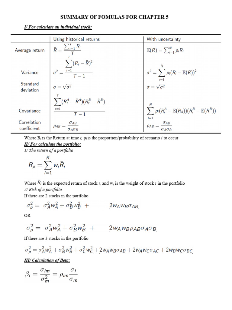 Summary of Fomulas For Chapter 5 | PDF