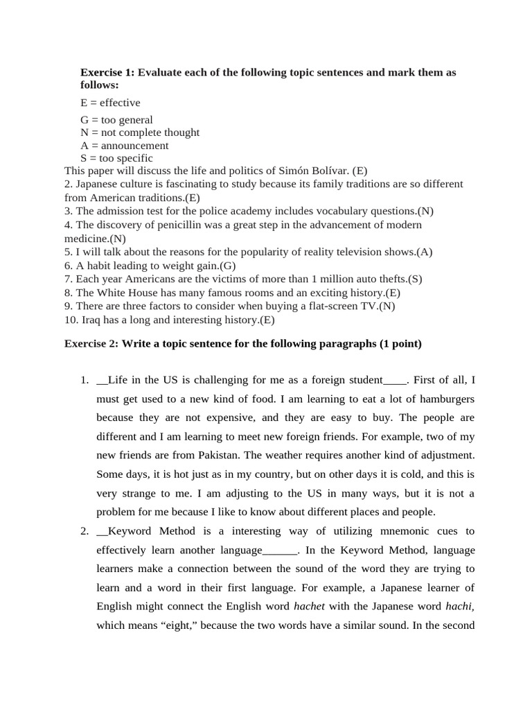 Writing Topic Sentences Exercises (1) | PDF | Tropical Cyclones | Storms