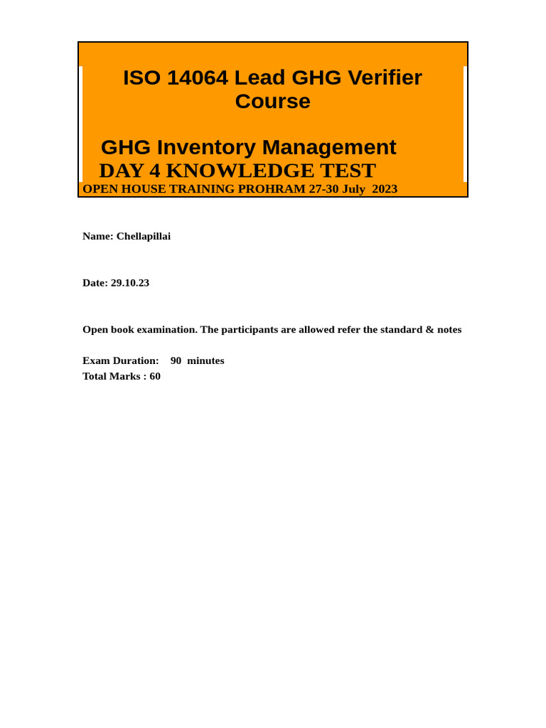 SGS ISO 14064 Day 4 Knowledge Test - Chellapillai VCS | PDF | Audit ...
