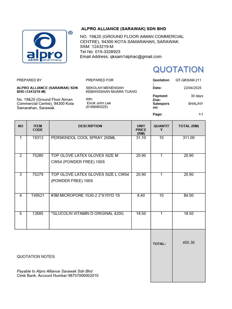 ALPRO QUOTATION SMK MUARA TUANG | PDF | Hand