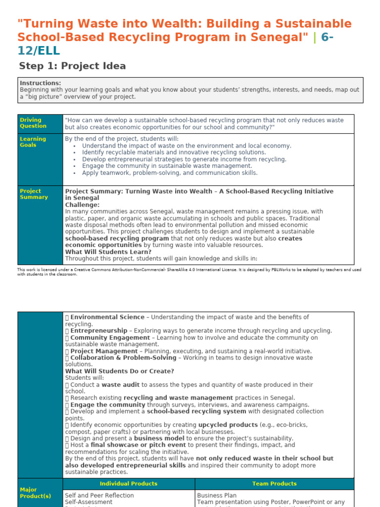 2023 - PBLWorks - Project Planner Completed Recycling | PDF | Recycling ...