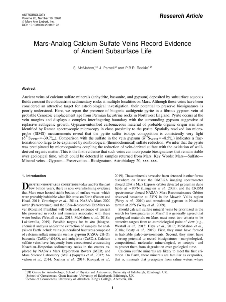Mars-Analog Calcium Sulfate Veins Record Evidence | PDF | Gypsum | Mars