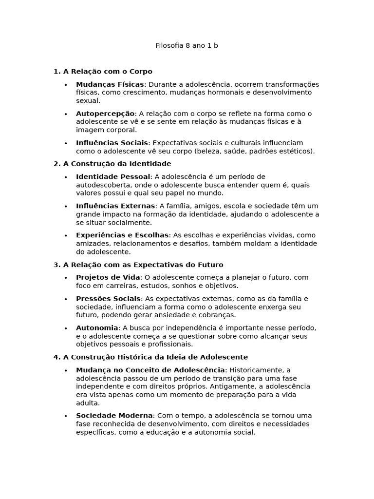 Filosofia 8 Ano 1 Bimestre | PDF | Adolescência | Família