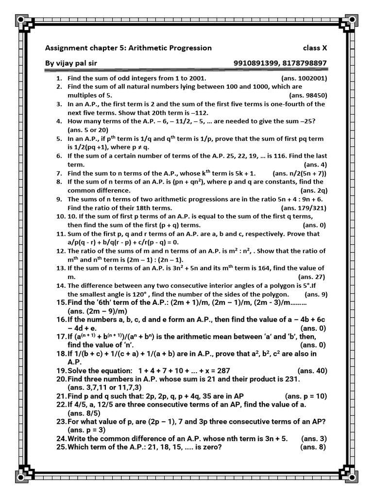 Assignment Chapter 5 Arithmetic Progression Class X | PDF | Number Theory | Numbers