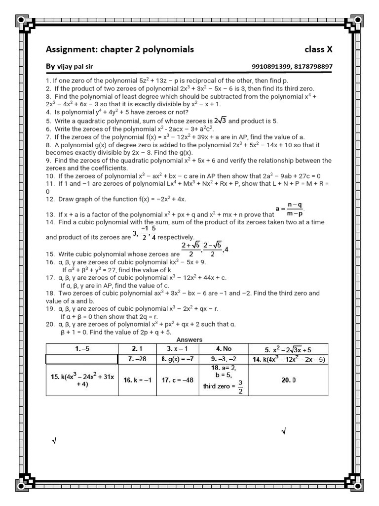 assignment chapter 2 polynomials class X | PDF | Polynomial | Zero Of A Function