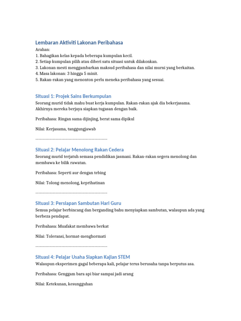 Aktiviti Lakonan Peribahasa dan Nilai | PDF