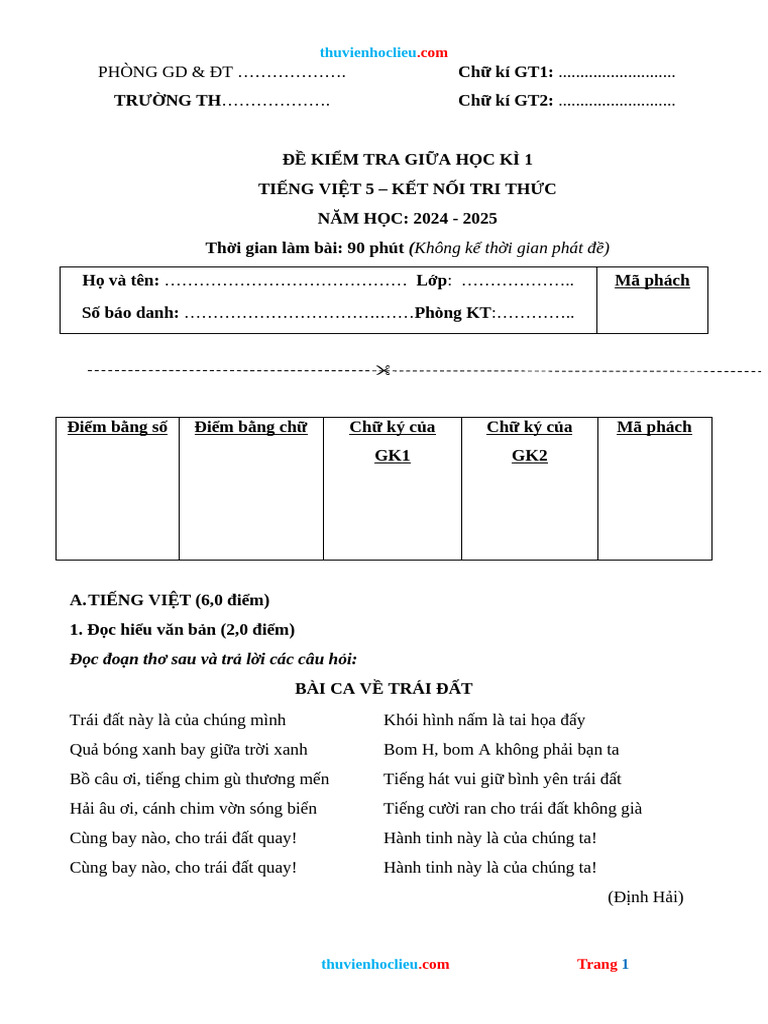 De Kiem Tra Giua HK1 Tieng Viet 5 KNTT | PDF