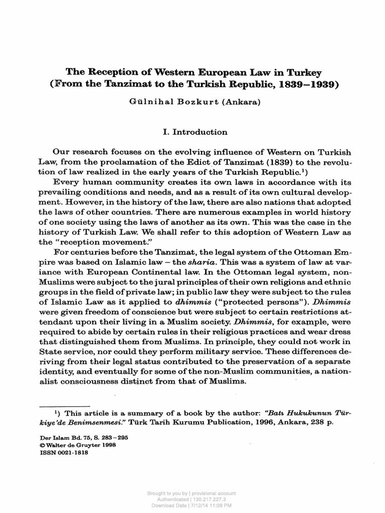 Bozkurt, Gülnihal. (1998) - The Reception of Western European Law in Turkey (From The Tanzimat ...