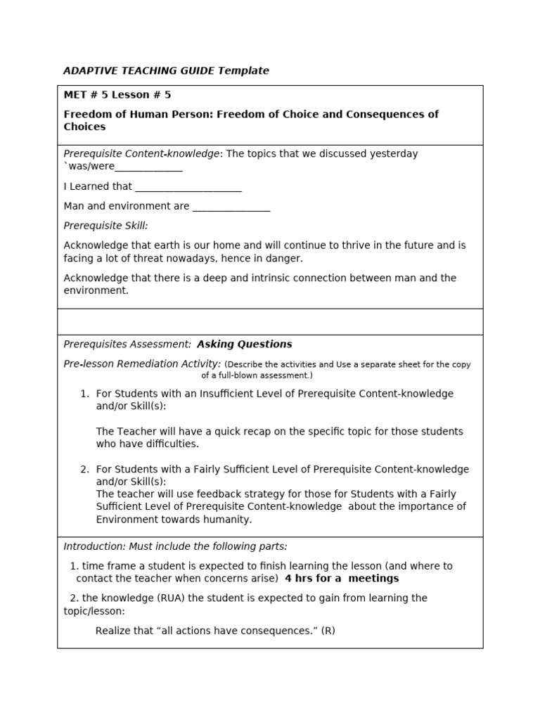 ADAPTIVE TEACHING GUIDE Template Team Freedom | PDF | Teachers ...