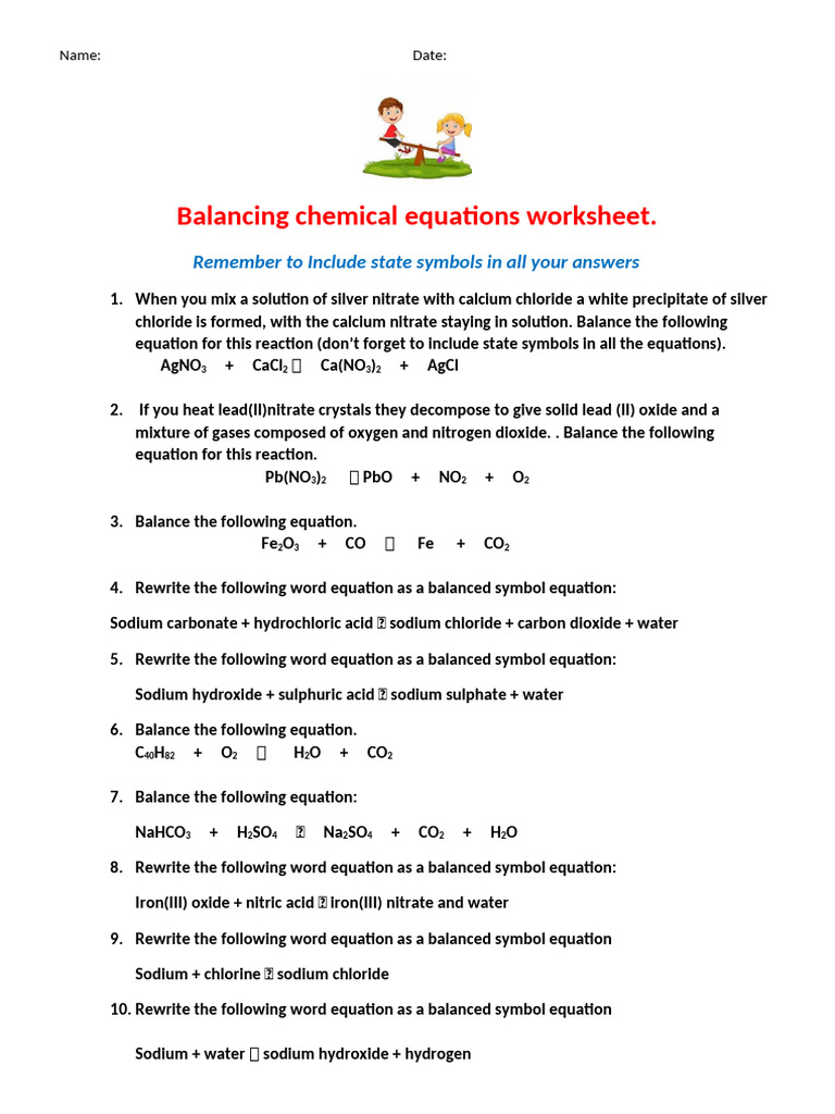 Balancing chemical equations worksheet | PDF