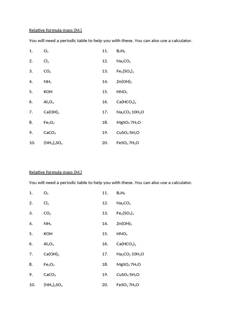Relative Formula Mass Worksheet | PDF