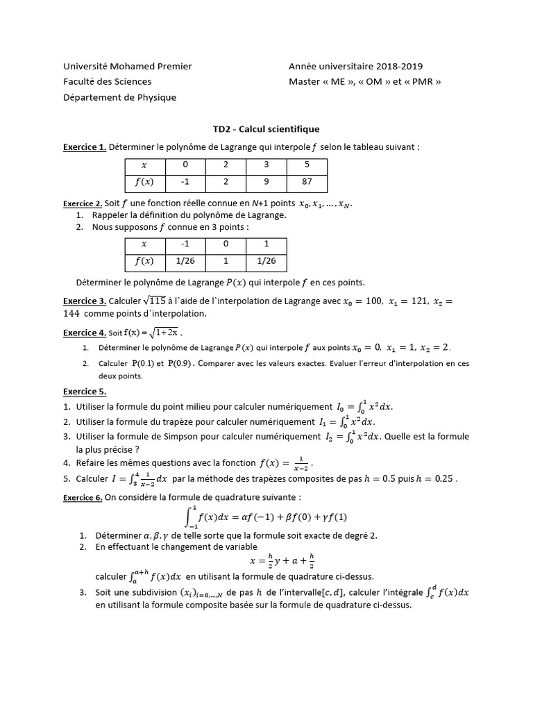 TD 2 Calcul Sientifique | PDF | Intégral | Analyse mathématique