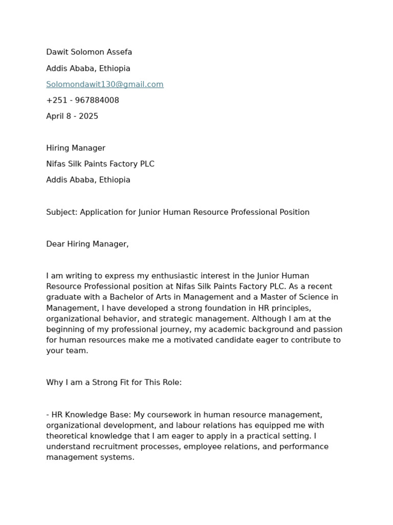 Junior HR Professional Application Letter | PDF | Human Resources ...