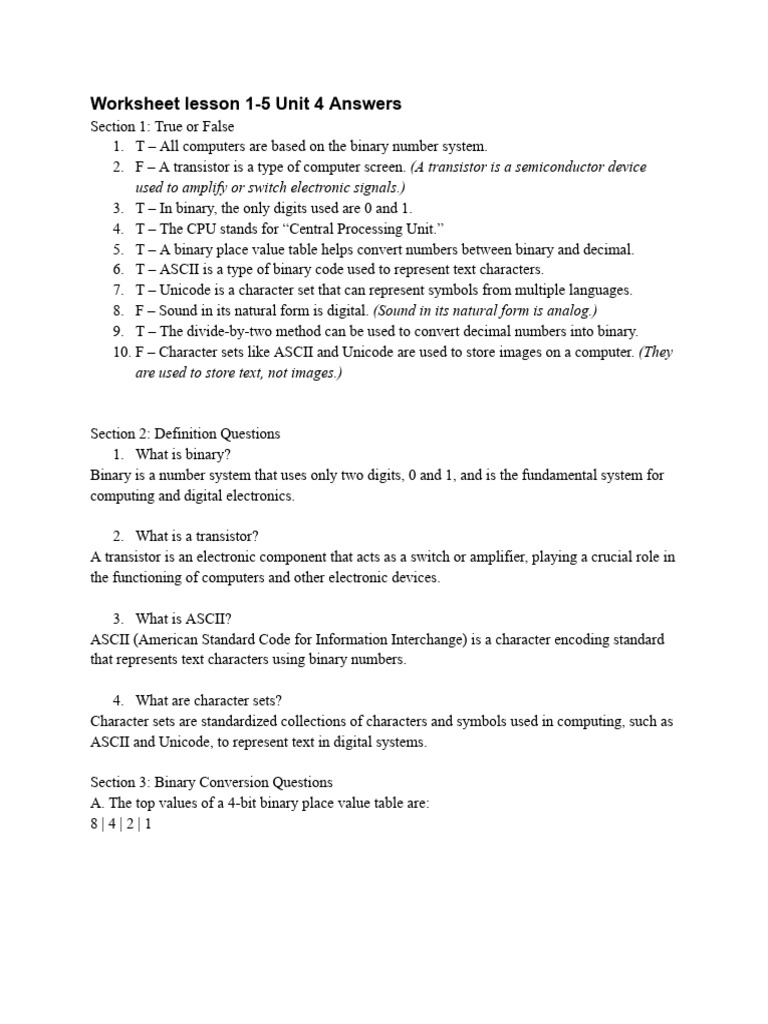 Worksheet Lesson 1-5 Unit 4 Answers | PDF | Character Encoding | Ascii