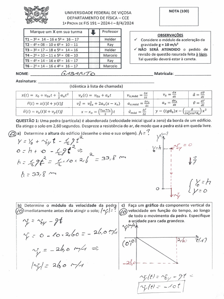 Gabarito Prova 1 - FIS191-2024-1 | PDF