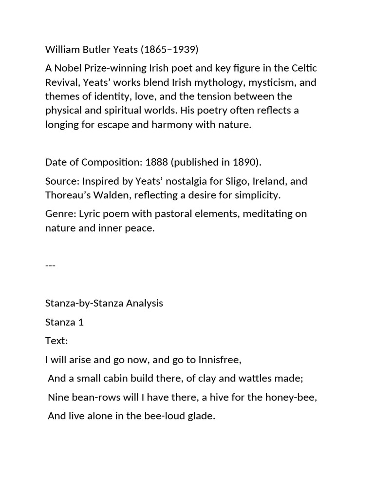 William Butler Yeats - Lake Isle of Innisfree Detailed Explanation ...