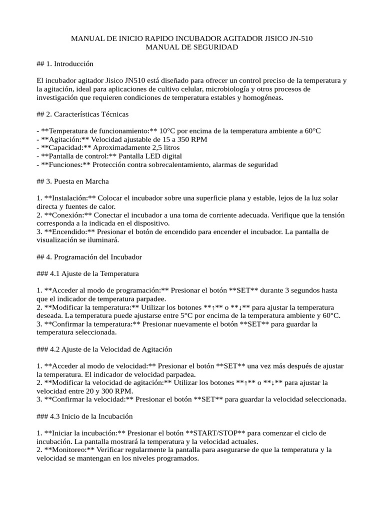 Manual de Inicio Rapido Incubador Agitador Jisico Jn-510manual de Seguridad | PDF | Diodo emisor ...