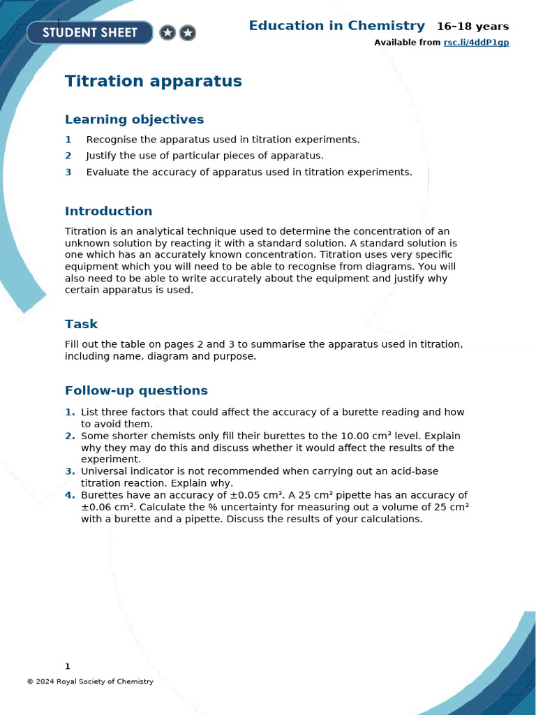 Titration Apparatus: Learning Objectives | PDF | Titration | Chemistry