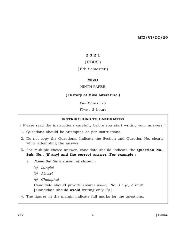 Mizo Literature Exam Guidelines | PDF