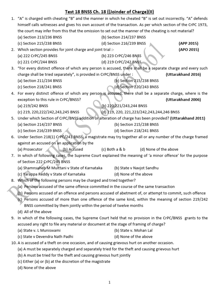 Test 18 BNSS Ch. 18 ( (Joinder of Charge) (II) | PDF | Public Sphere ...