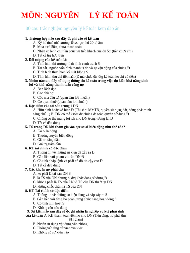 80 Cau Hoi Trac Nghiem Va Dap An Mon Nguyen Ly Ke Toan | PDF