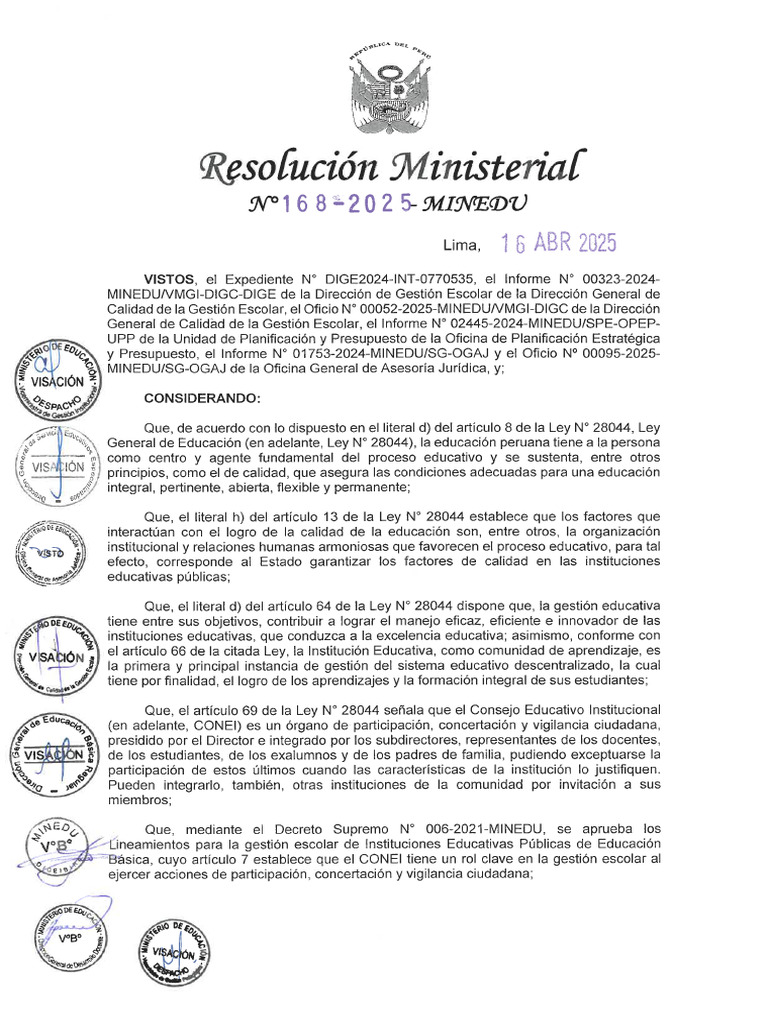 RM - N - 168 2025 Minedu | PDF