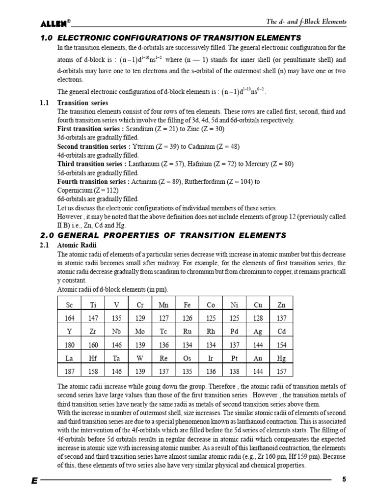 The d and F-Block Elements | PDF | Transition Metals | Coordination Complex