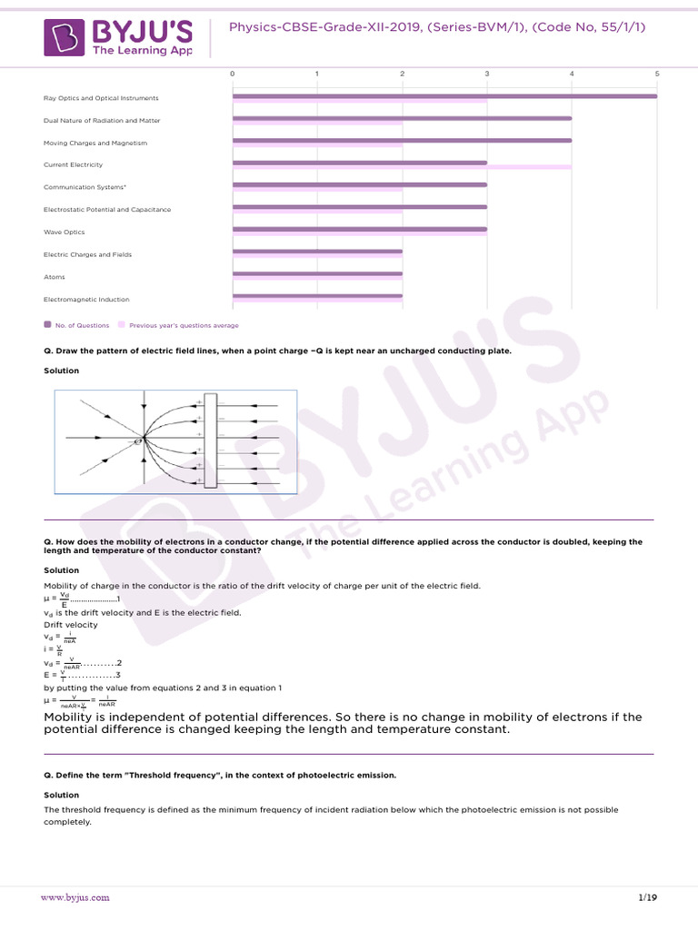 Physics Cbse Grade Xii 2019 Series BVM 1 Codeno 55 1 1 | PDF | Photoelectric Effect | Transformer